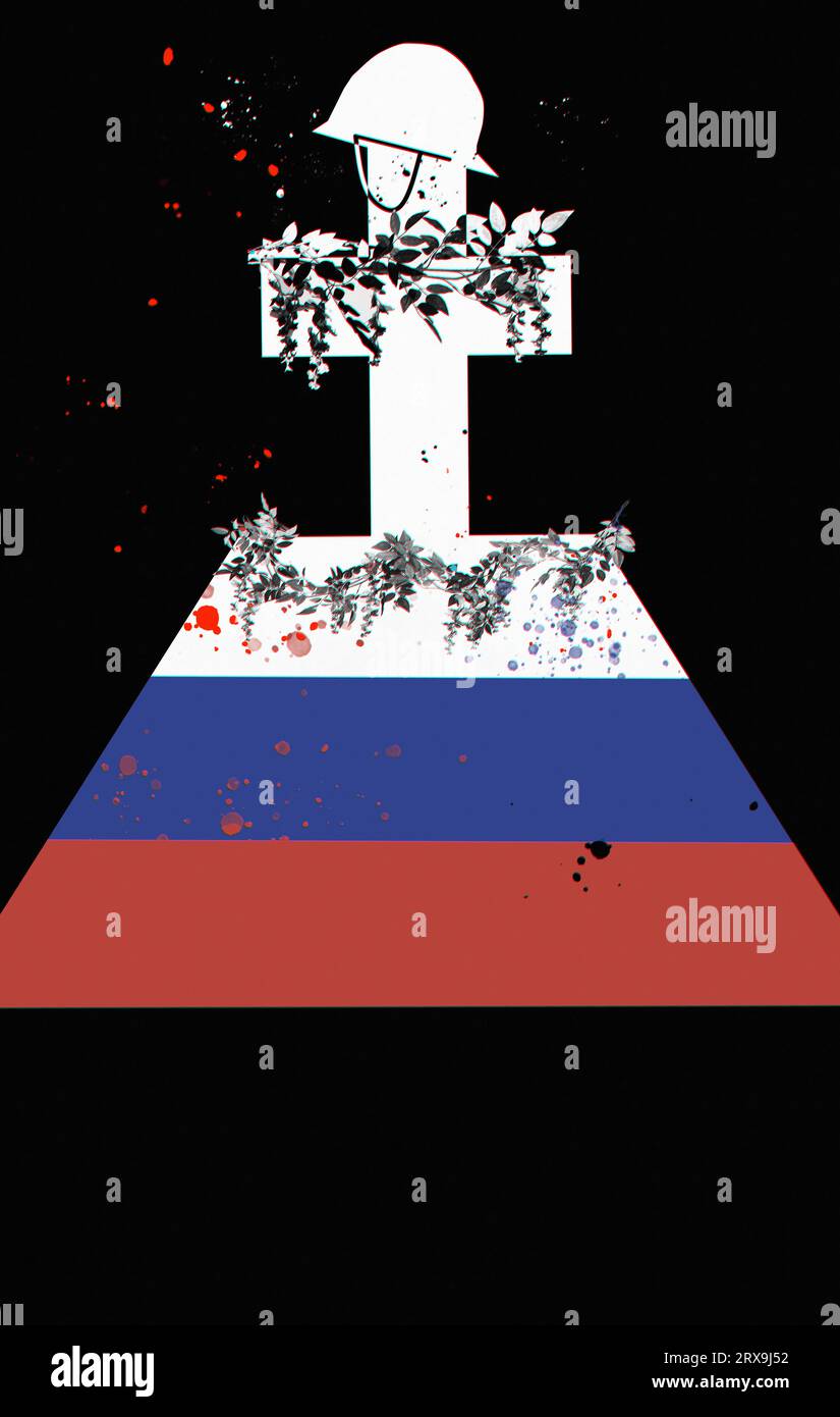 Soldier, grave and death in military battle with blood drops, flowers ...