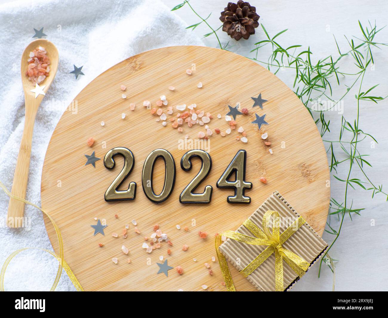 2024 and winter skin care SPA beauty design greeting card. Wooden plate ...