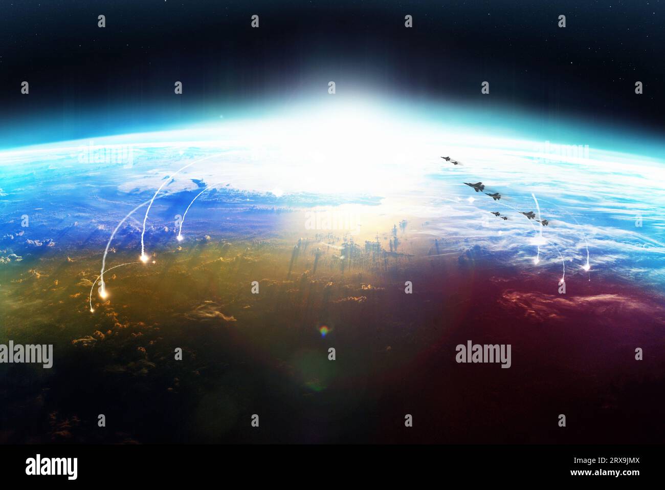 Nuclear missile, earth and war from space, Ukraine and Russia flag with ...