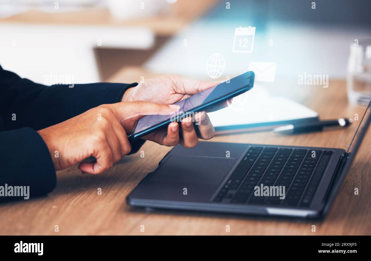 Hands, person and phone with overlay and laptop for digital ...