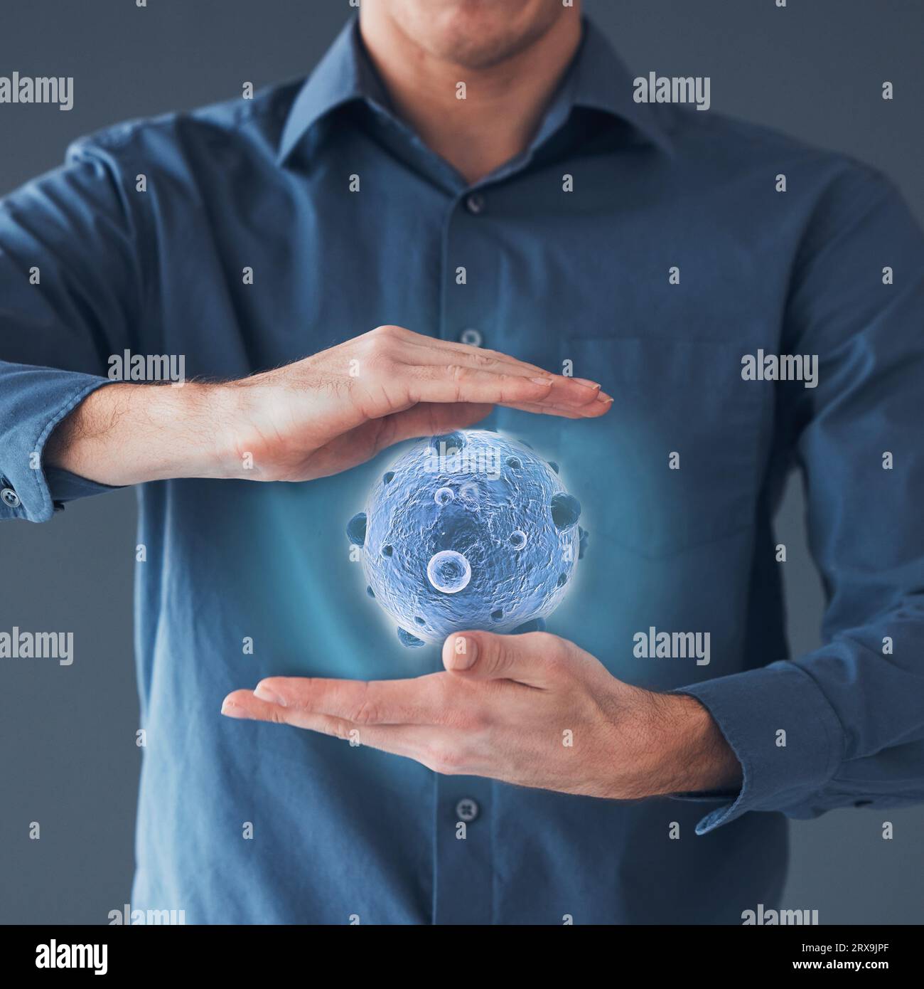 Man, closeup and hologram with virus, healthcare and cure with employee ...