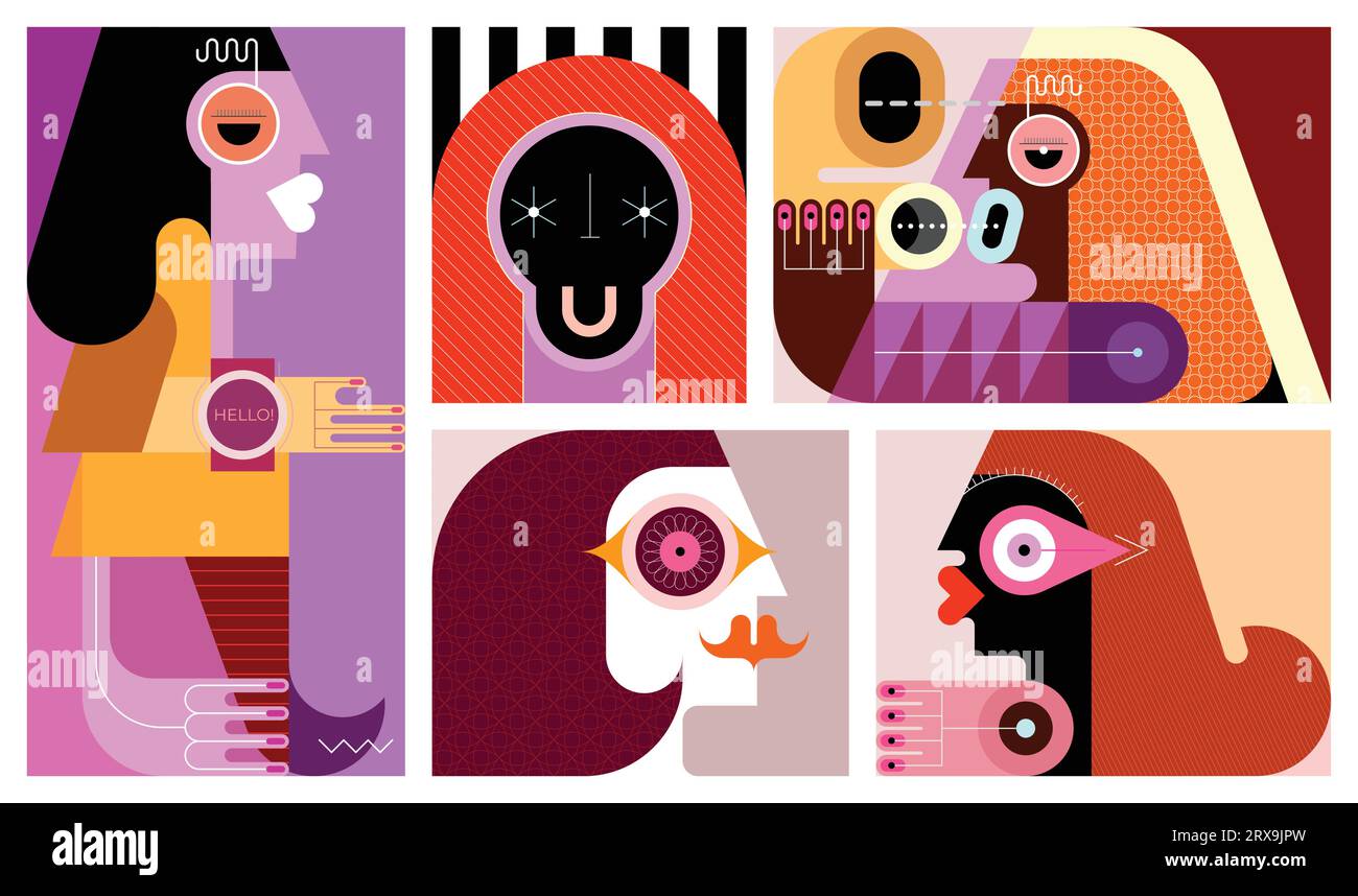Pop art design of five different people portraits vector illustration ...