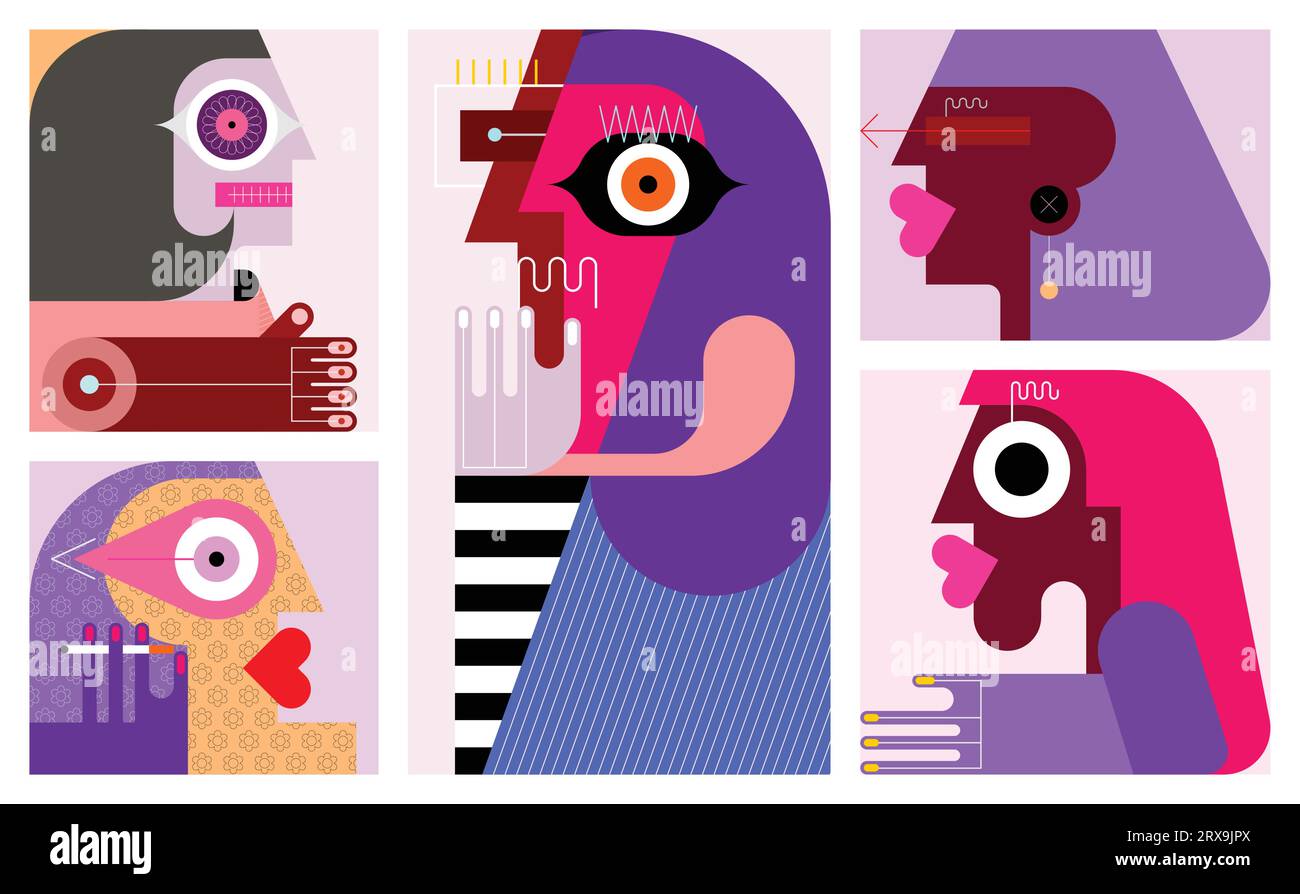 Pop art design of five different person portraits graphic illustration ...