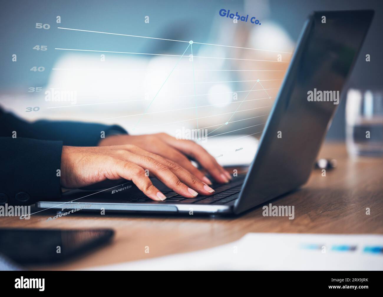 Hands, person and typing with overlay on laptop for digital ...