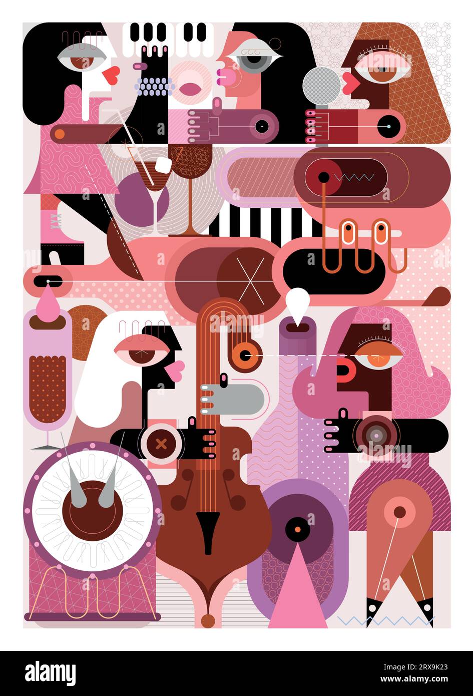 Wine and music conceptual vector illustration. Jazz band concert at a ...