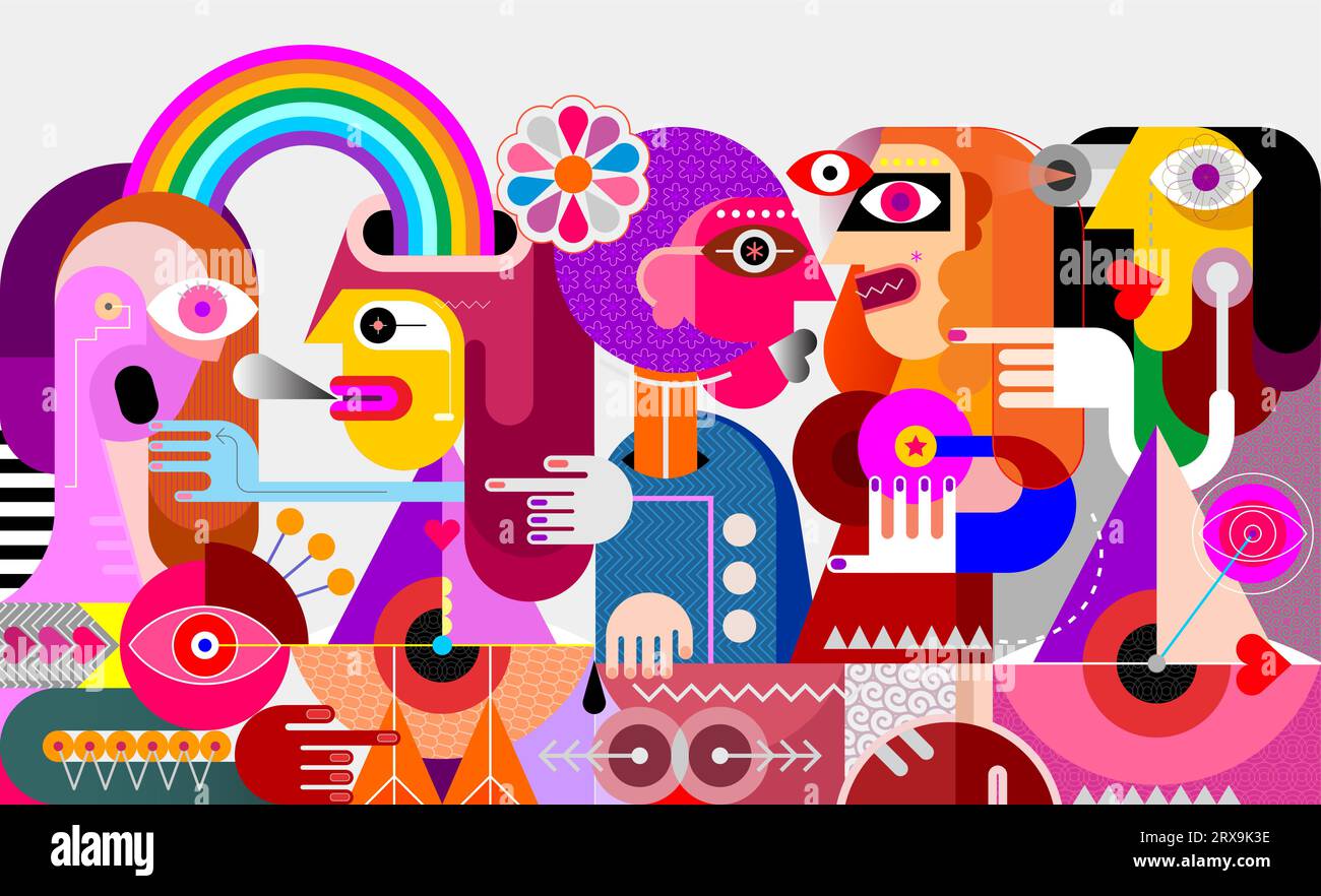 A man with a rainbow from his head rides a geometric bird. People ...