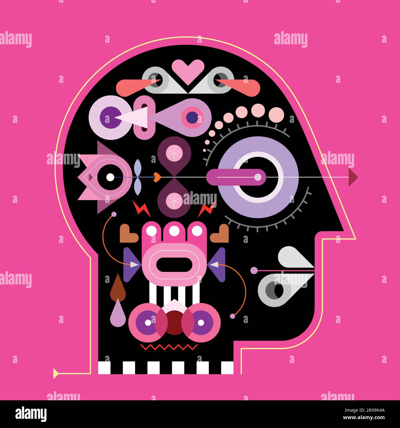 Human head shape design includes many abstract different objects and ...