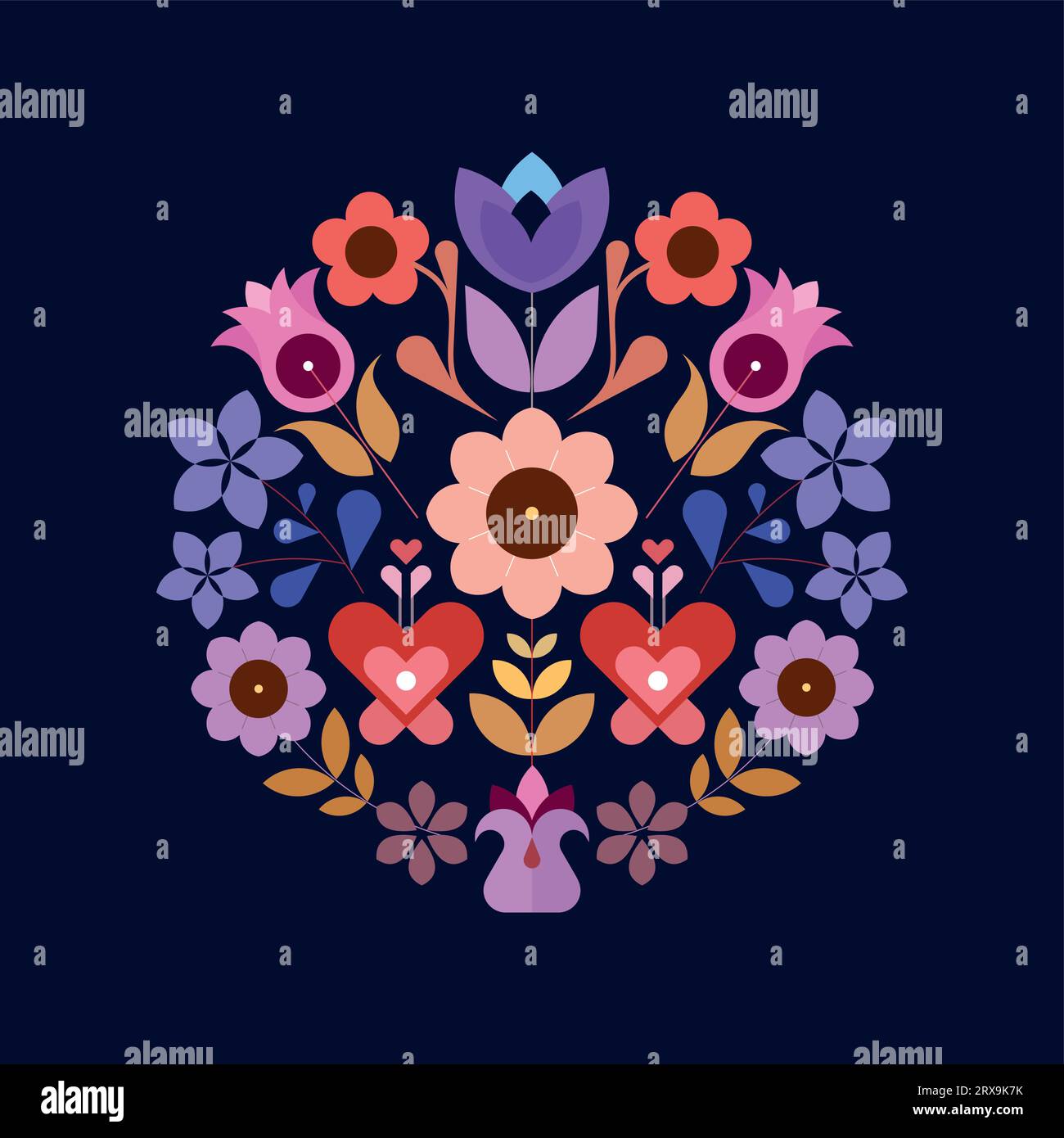 Round shape decorative floral design isolated on a dark blue background ...