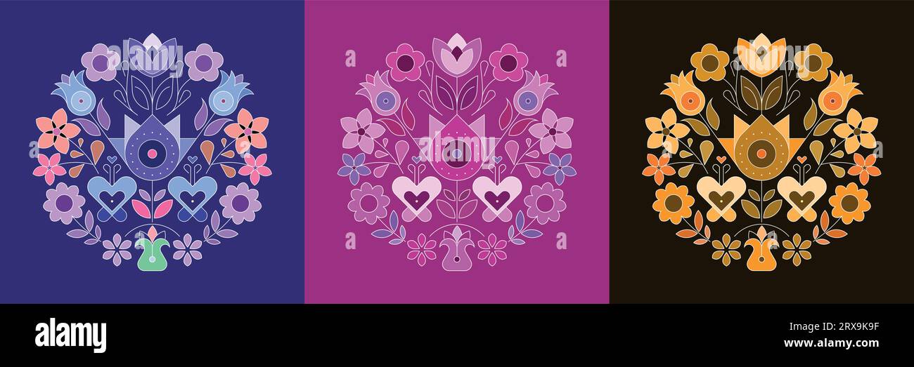 Three options of a round shape decorative floral design isolated on a ...
