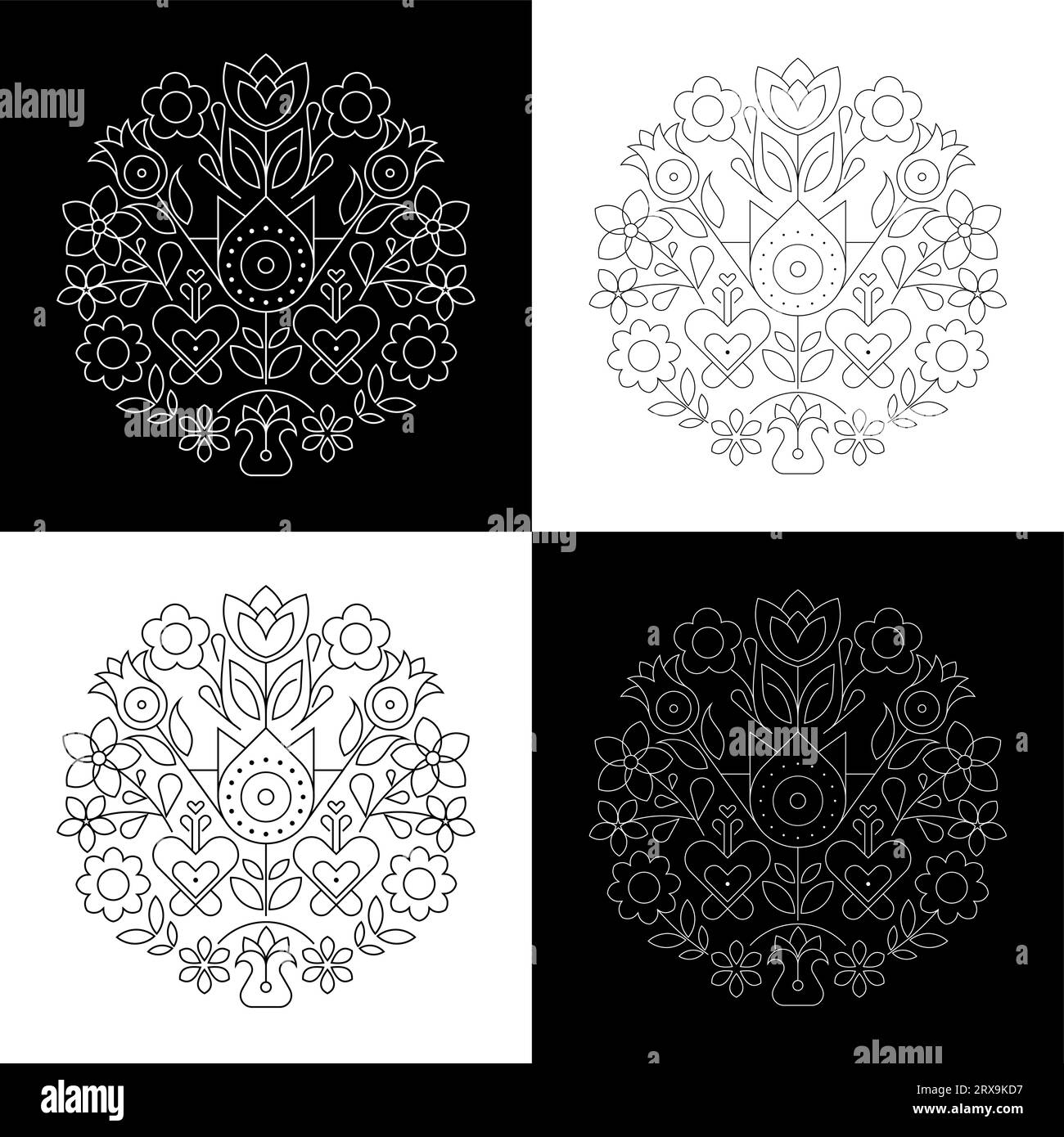 Round shape line art design includes many different flowers isolated on ...