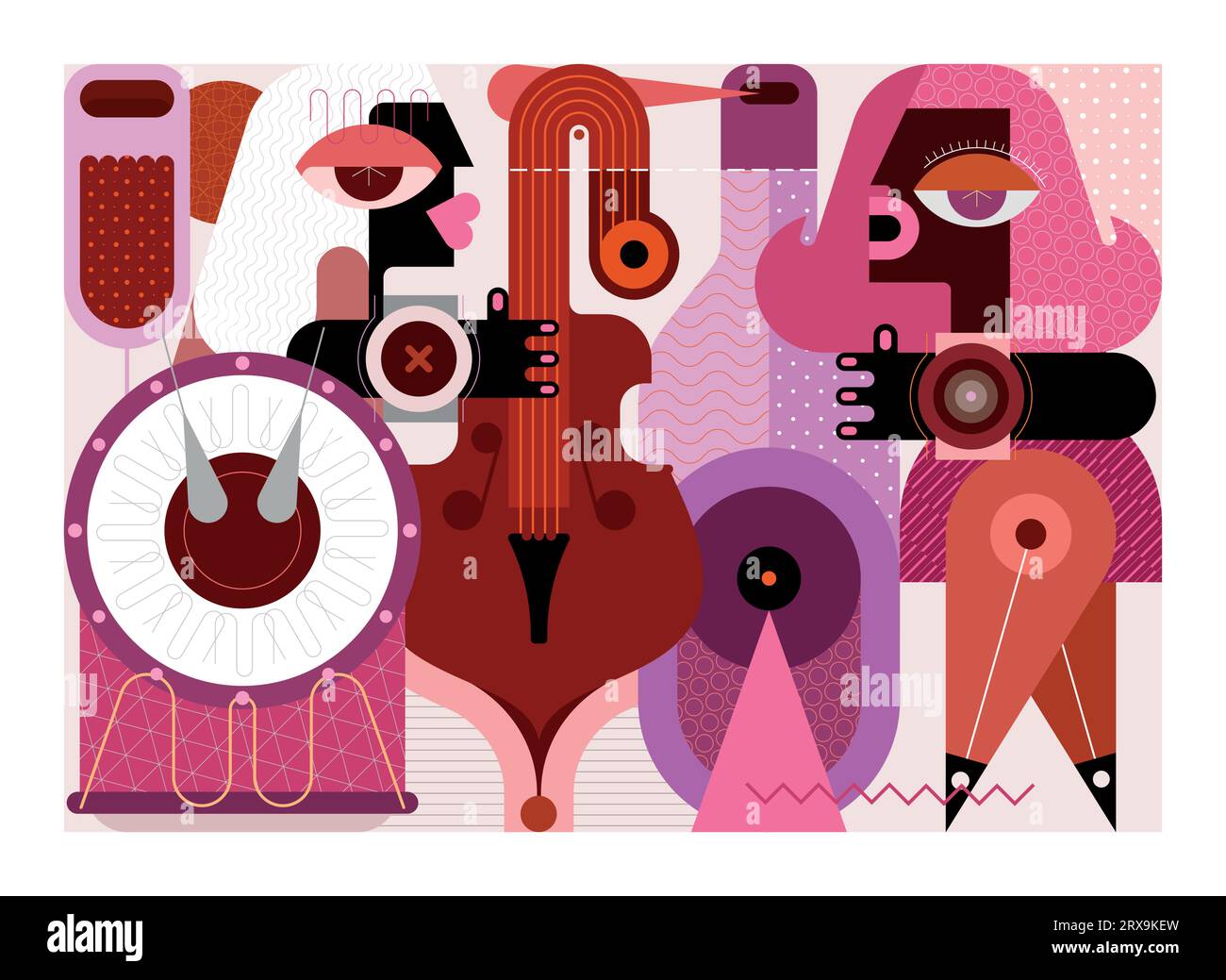 Wine and music vector illustration. A man playing contrabass, woman ...