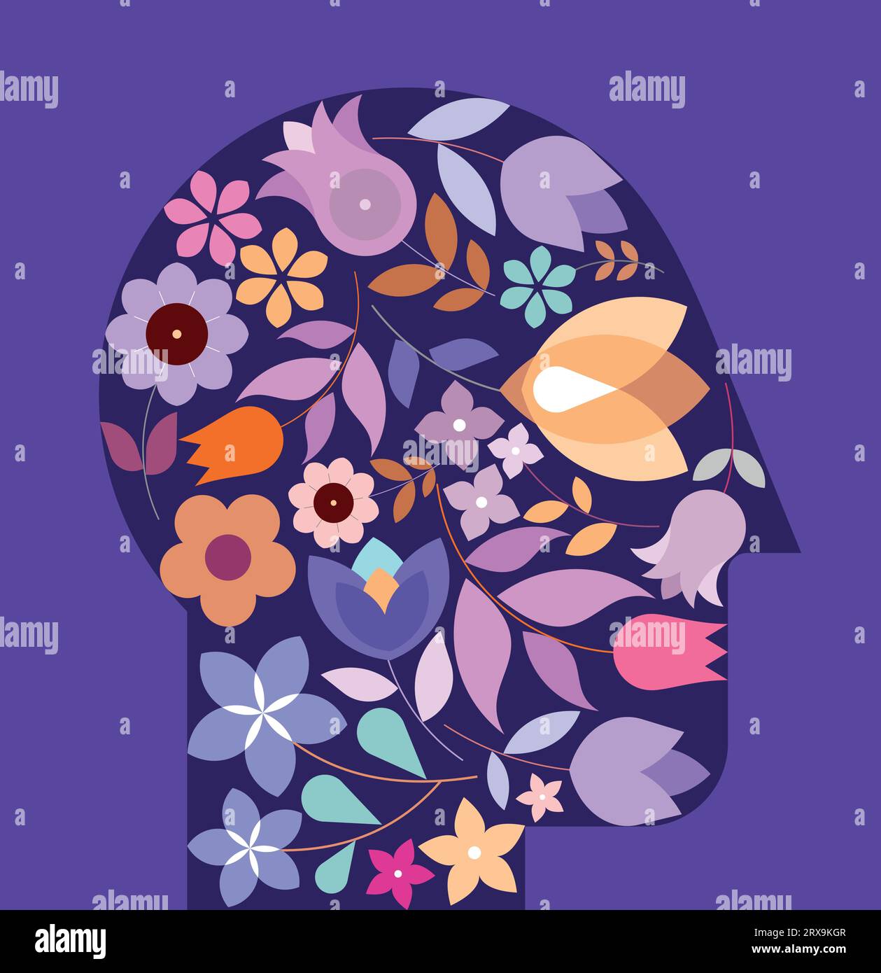 Human head shape design includes many different flowers. Flat style ...