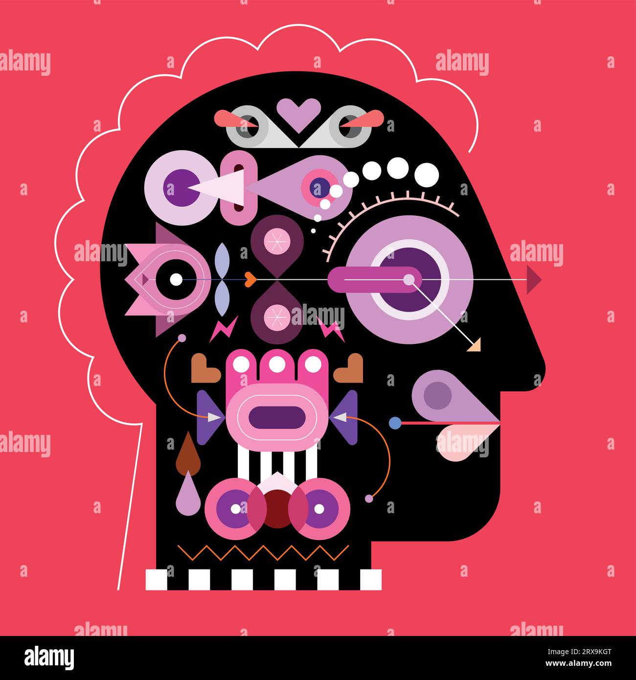 Human head shape design includes many abstract different objects and ...