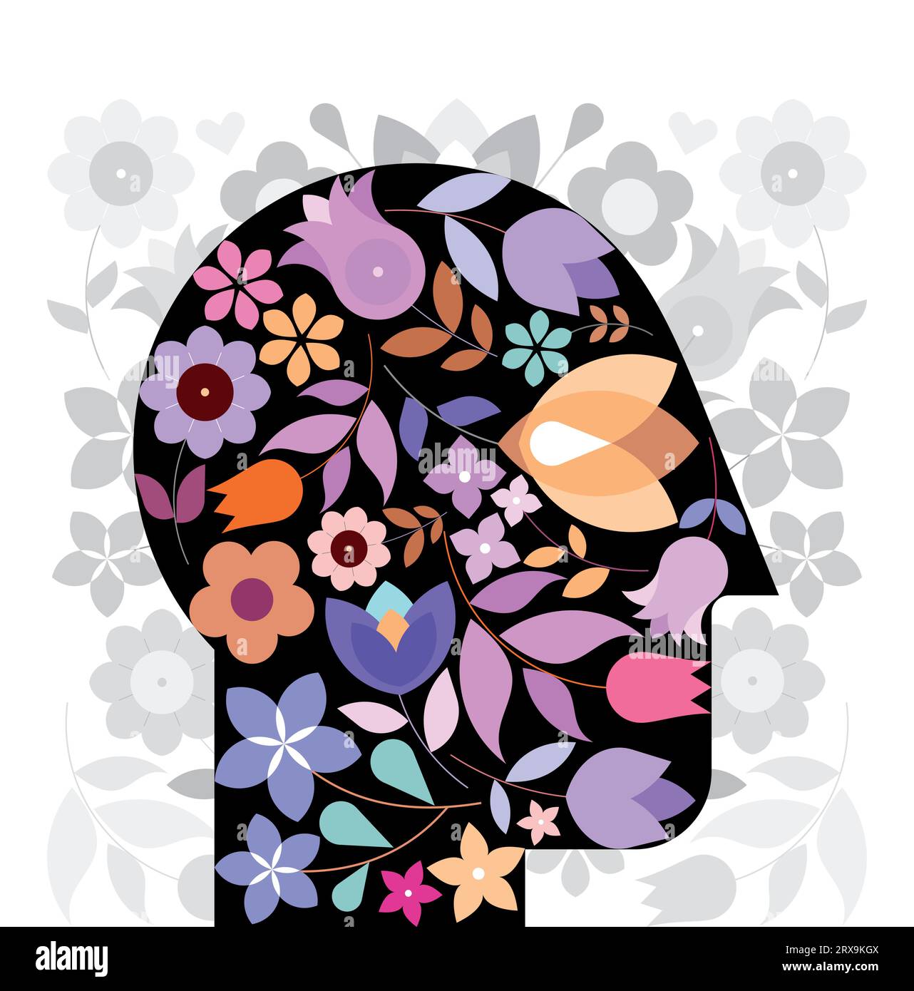 Floral pattern human head shape design on a grayscale floral pattern ...