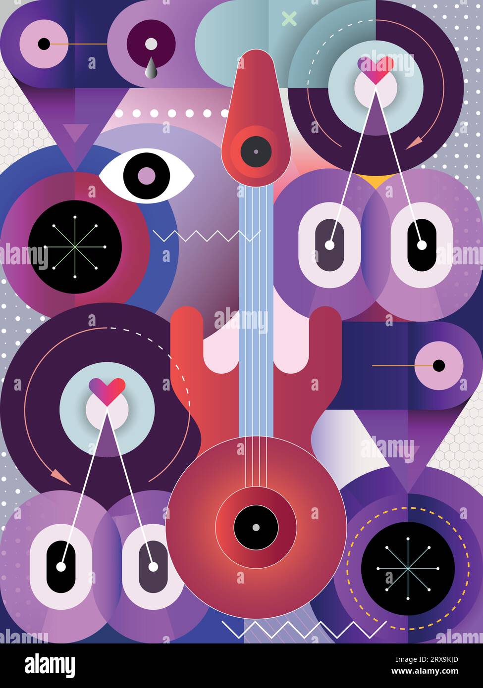 Decorative gradient vector design with guitar, geometric shapes and abstract objects Stock ...