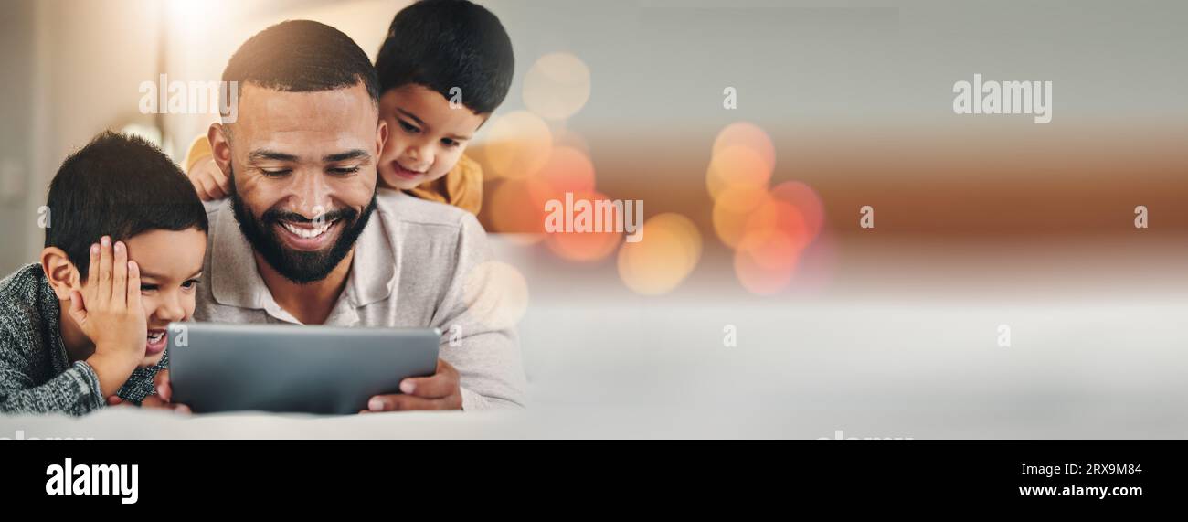 Banner, dad and children with games in living room, entertainment and ...