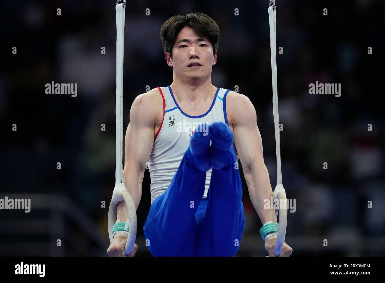 South Korea's Jinseong Yun competes on the rings during the artistic ...