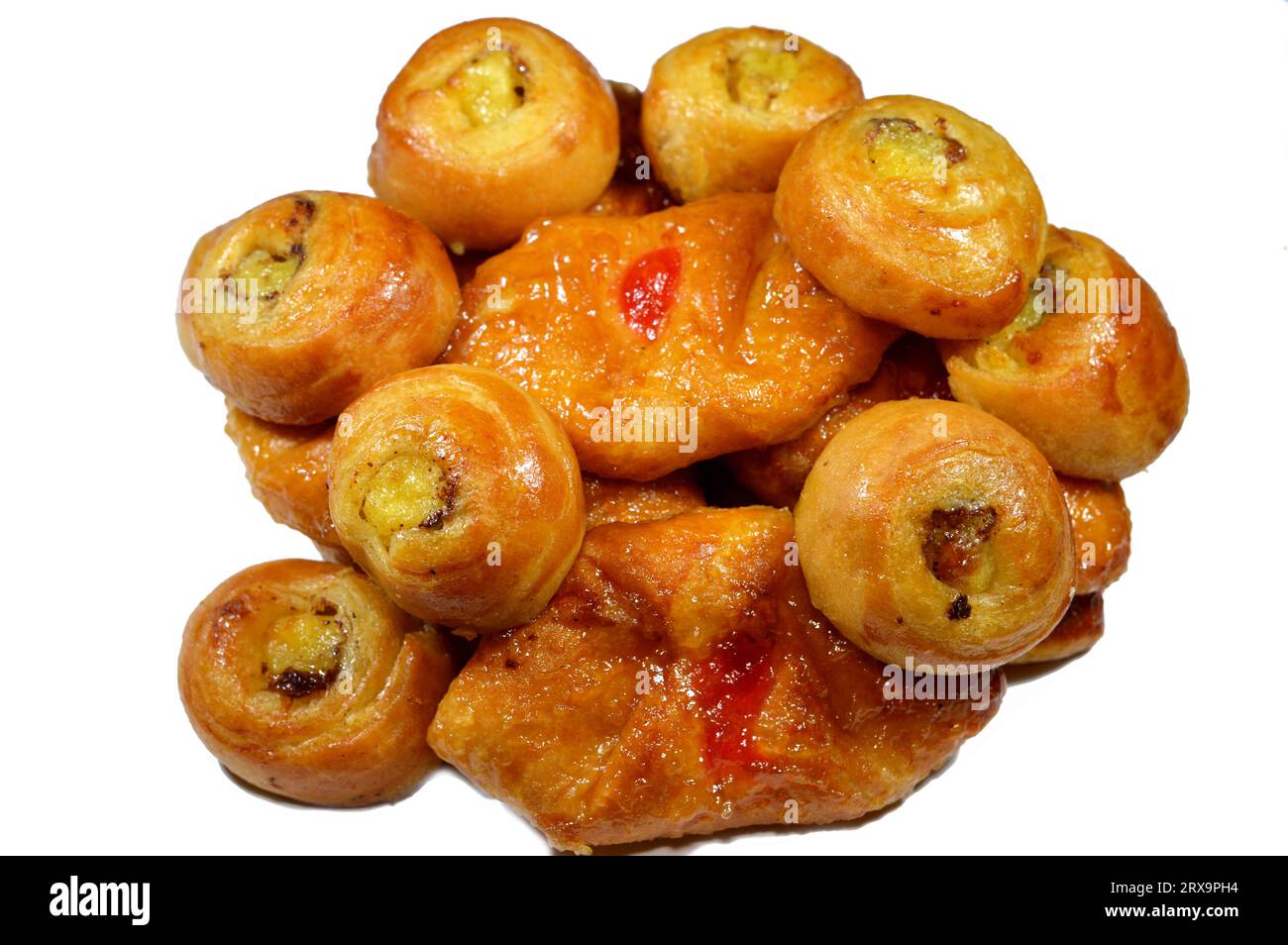 Background of Mini baked Danish pastry stuffed and topped with honey ...