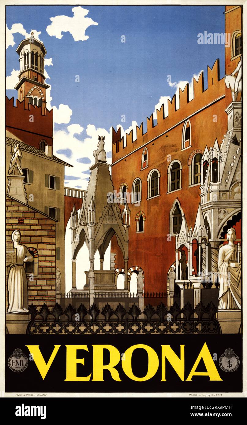 Verona, travel poster for ENIT, 1938 Verona. Travel poster shows ...