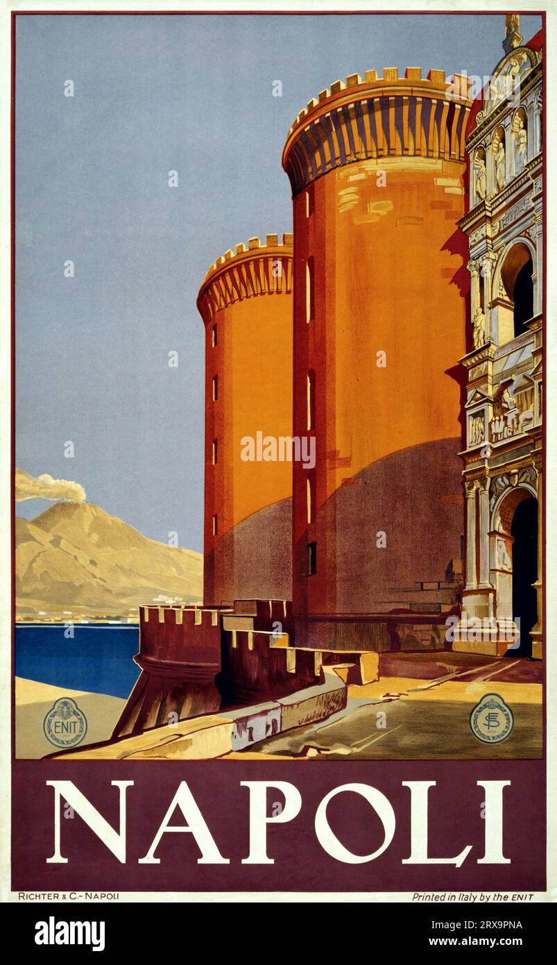 Napoli. Travel poster shows Vesuvius and the bay of Naples from the ...