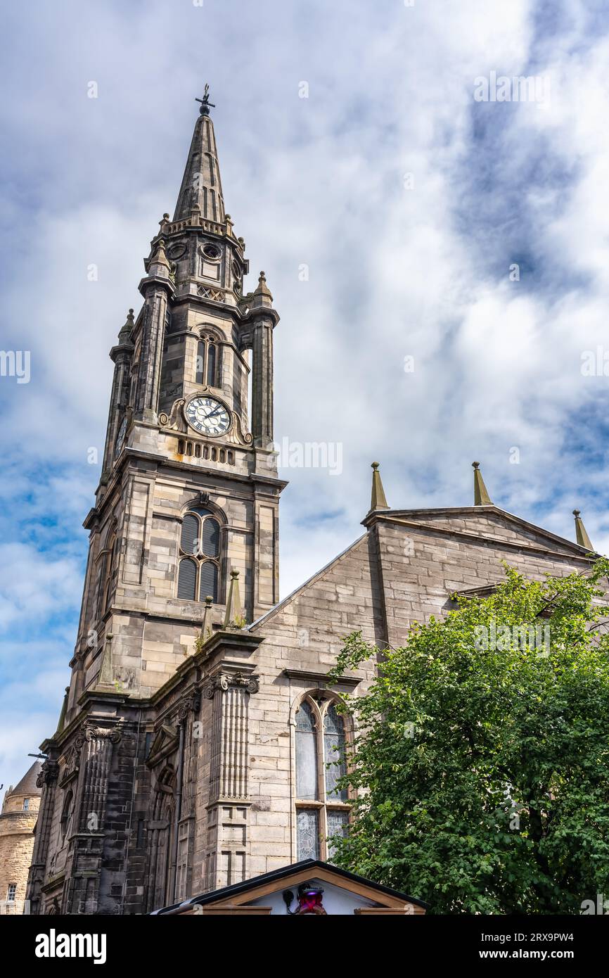 High towers of monumental buildings in the medieval city of Edinburgh ...