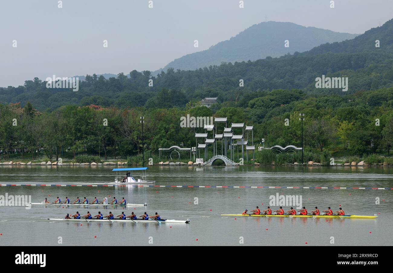Hangzhou, China's Zhejiang Province. 24th Sep, 2023. Rowers compete the ...