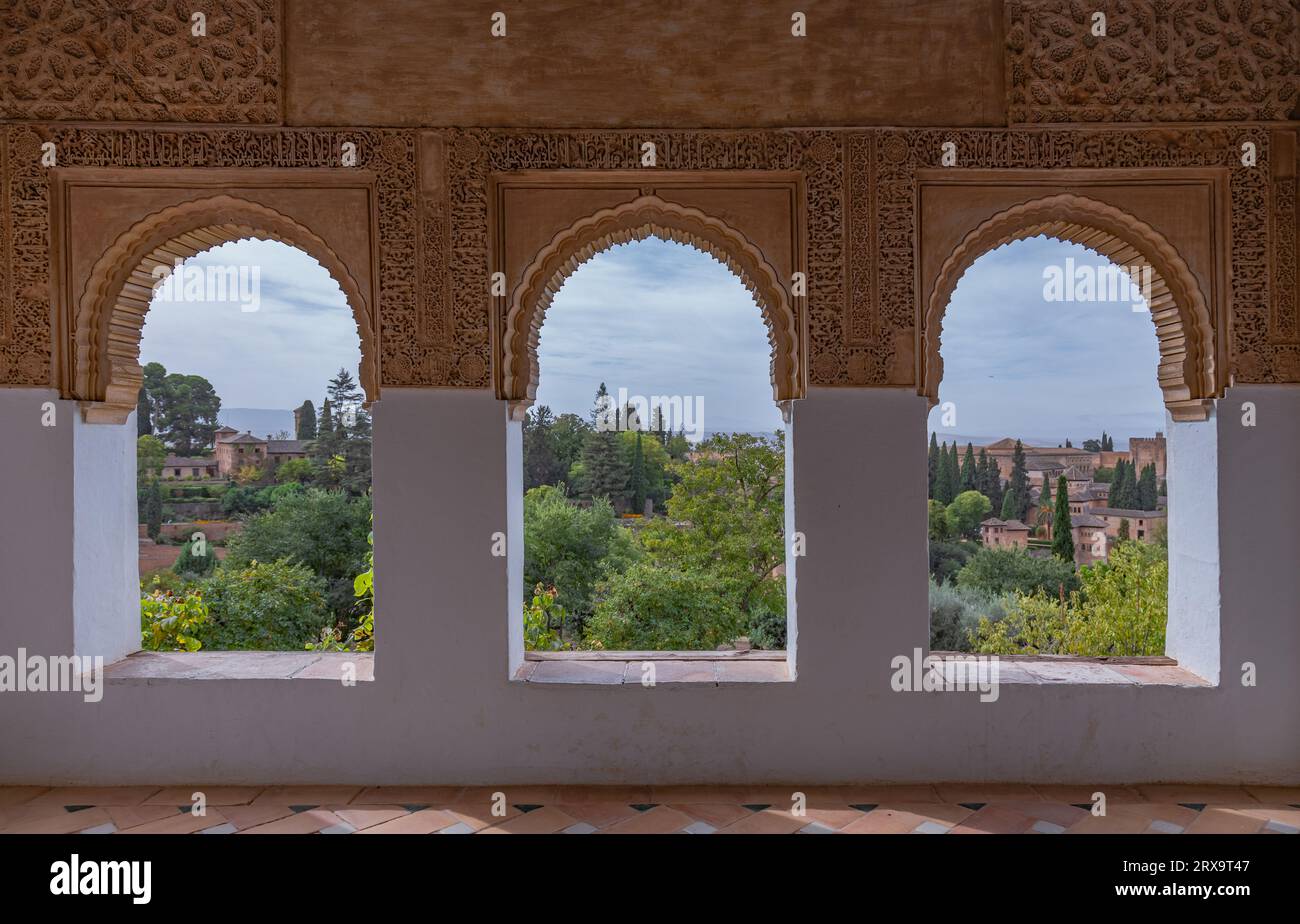 Gardens and summer palace of the emirs of Granada from Nasrid dynasty, Alhambra complex. UNESCO ...