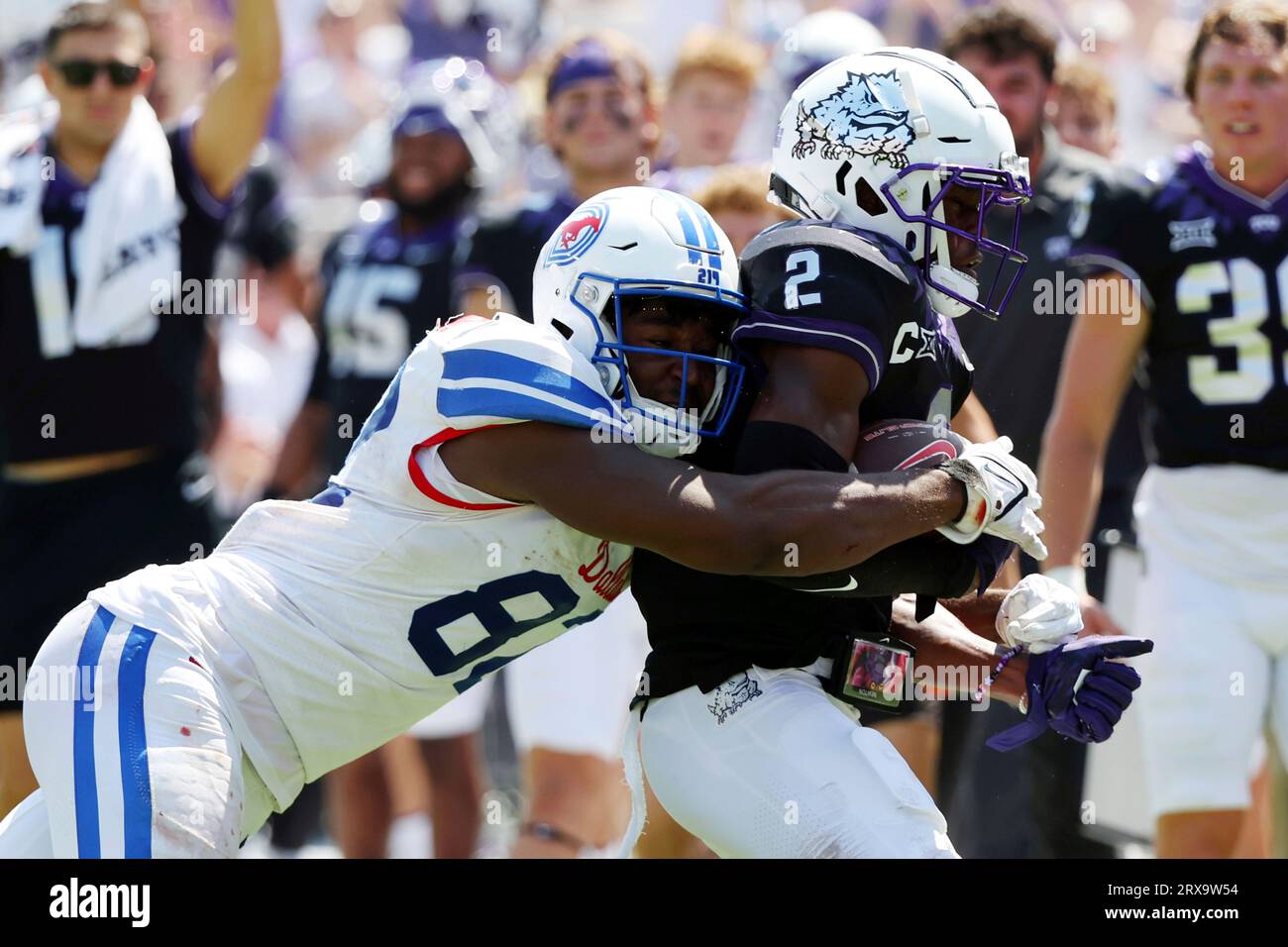 SMU tight end RJ Maryland (82) tackles TCU cornerback Josh Newton (2 ...