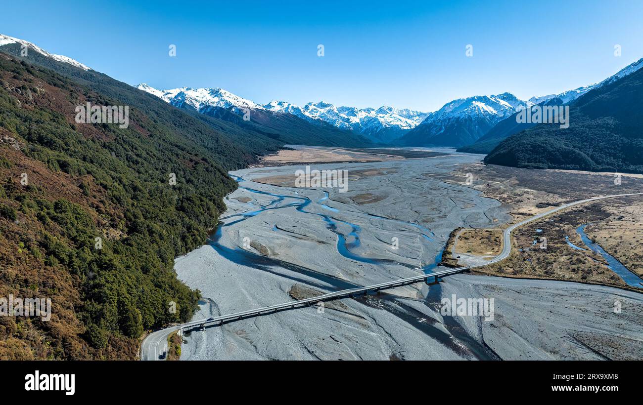 Aerial photography of the braided river with very little water flowing ...