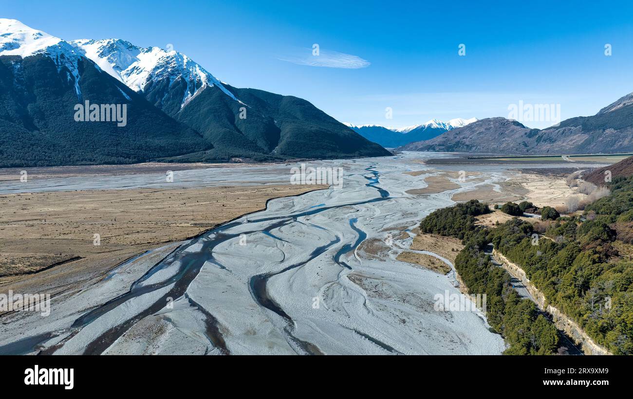Aerial photography of the braided river with very little water flowing ...