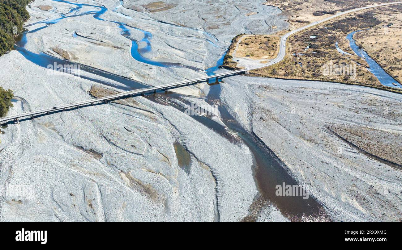 Aerial photography of the braided river with very little water flowing ...