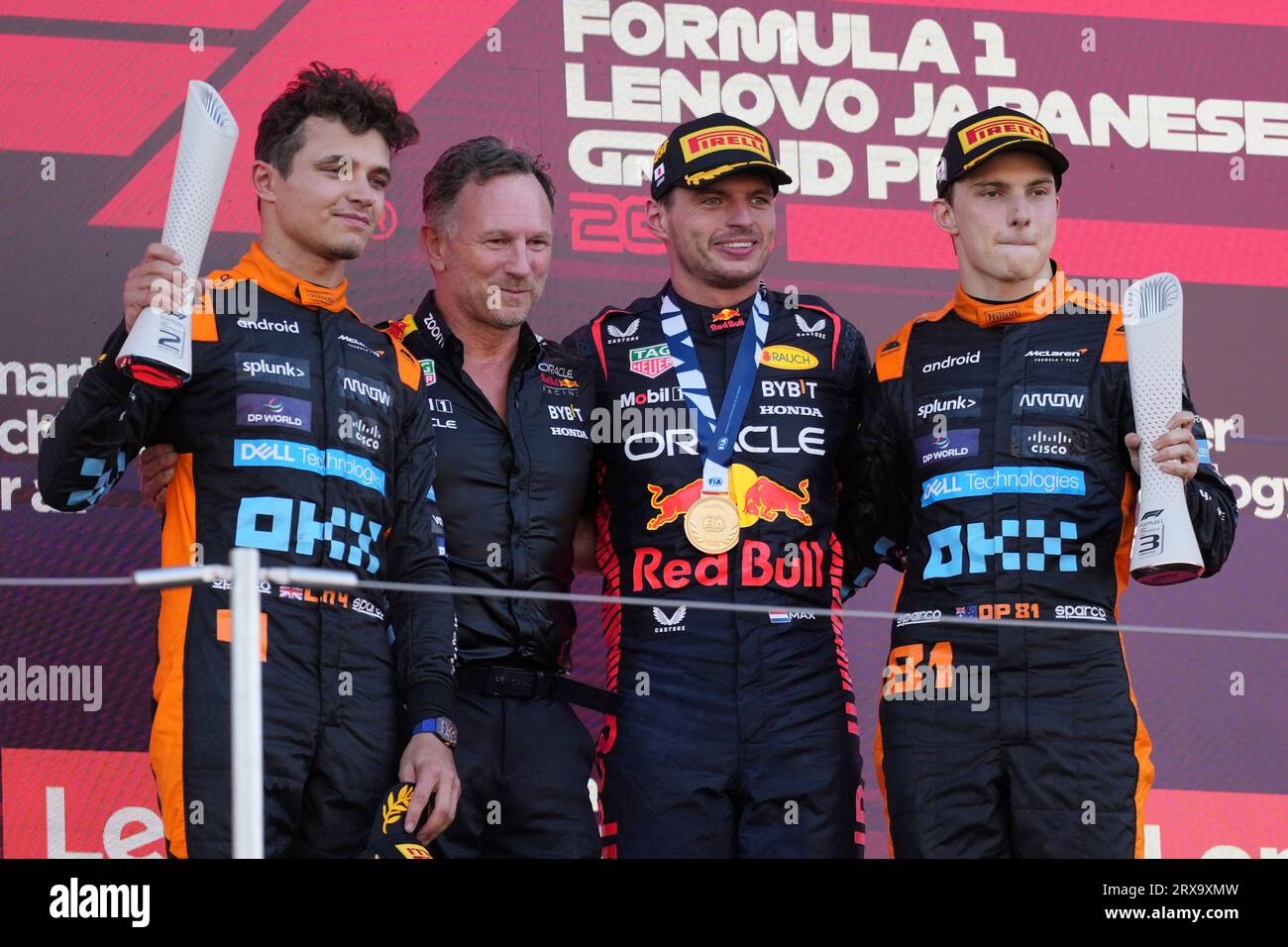 From left: second placed McLaren driver Lando Norris of Britain, Red Bull team principal ...