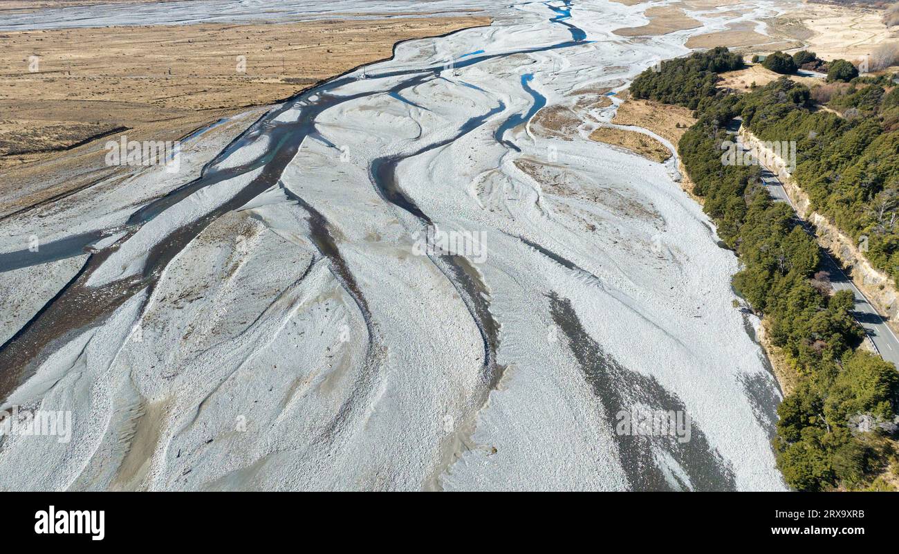 Aerial photography of the braided river with very little water flowing ...