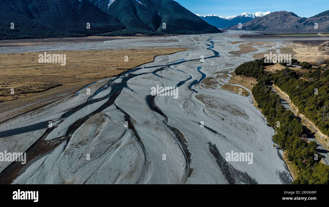 Aerial photography of the braided river with very little water flowing ...