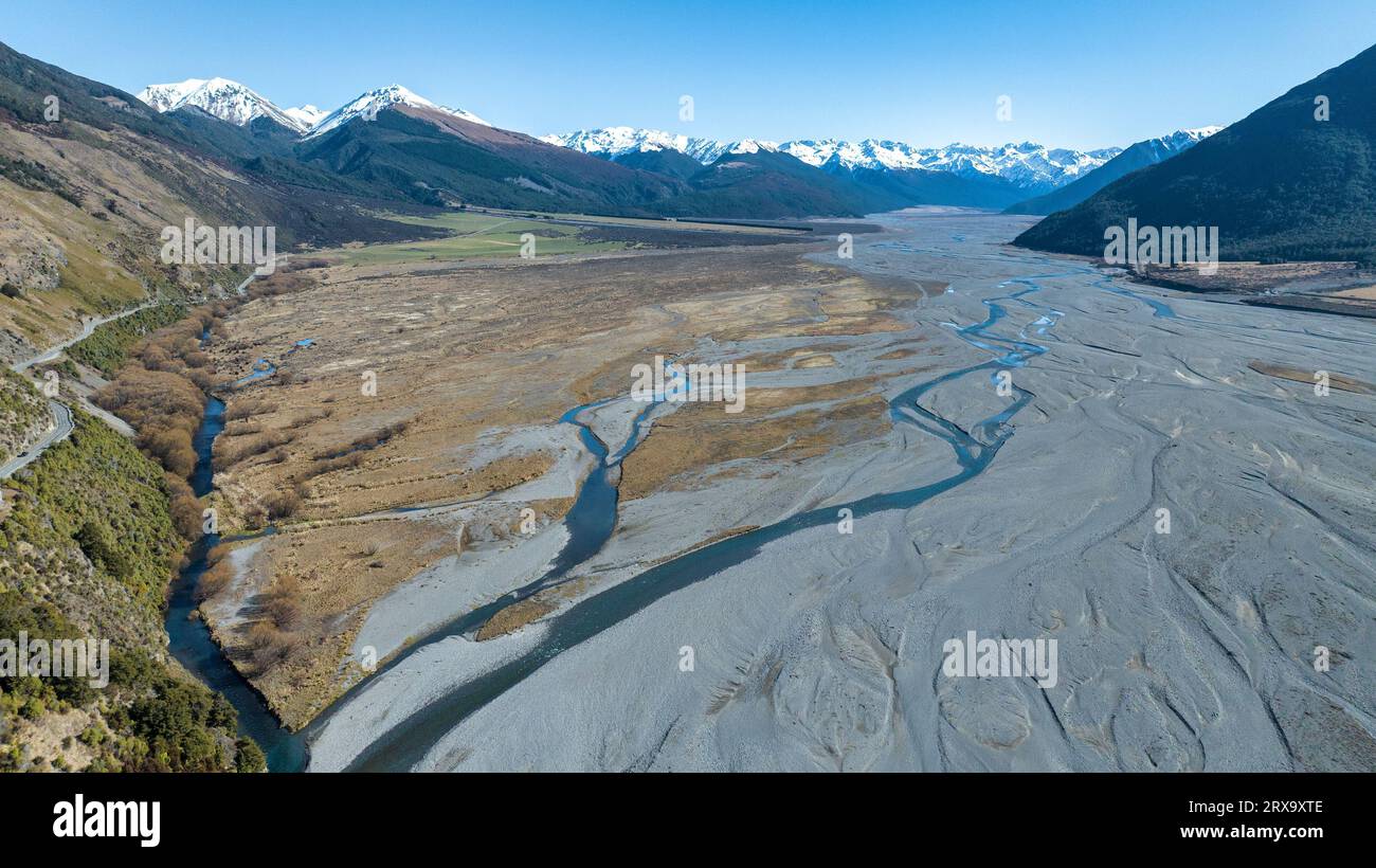Aerial photography of the braided river with very little water flowing ...