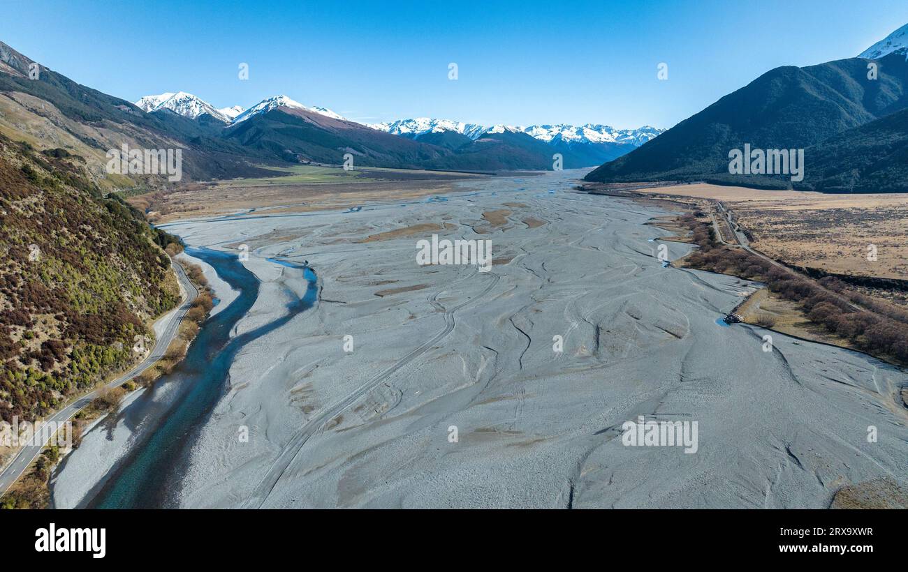 Aerial photography of the braided river with very little water flowing ...