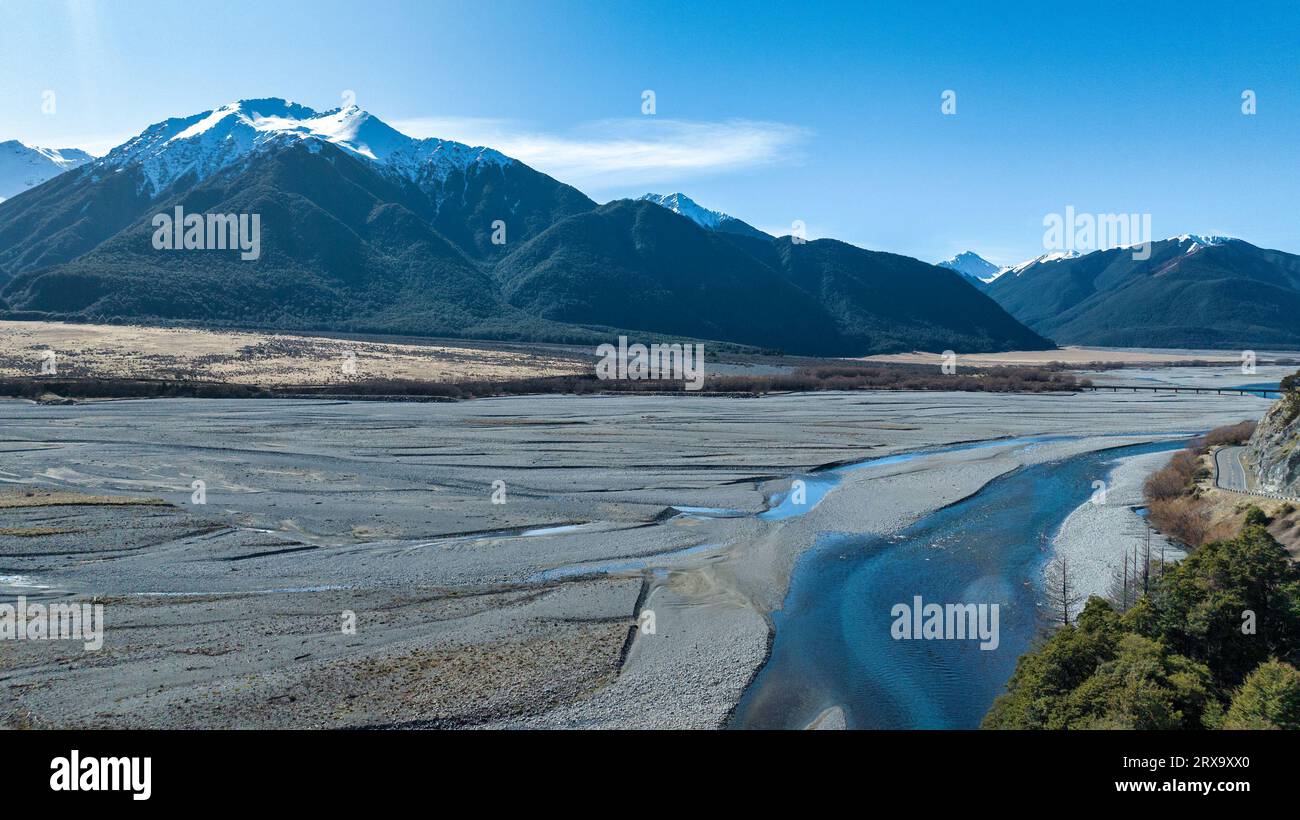 Aerial photography of the braided river with very little water flowing ...