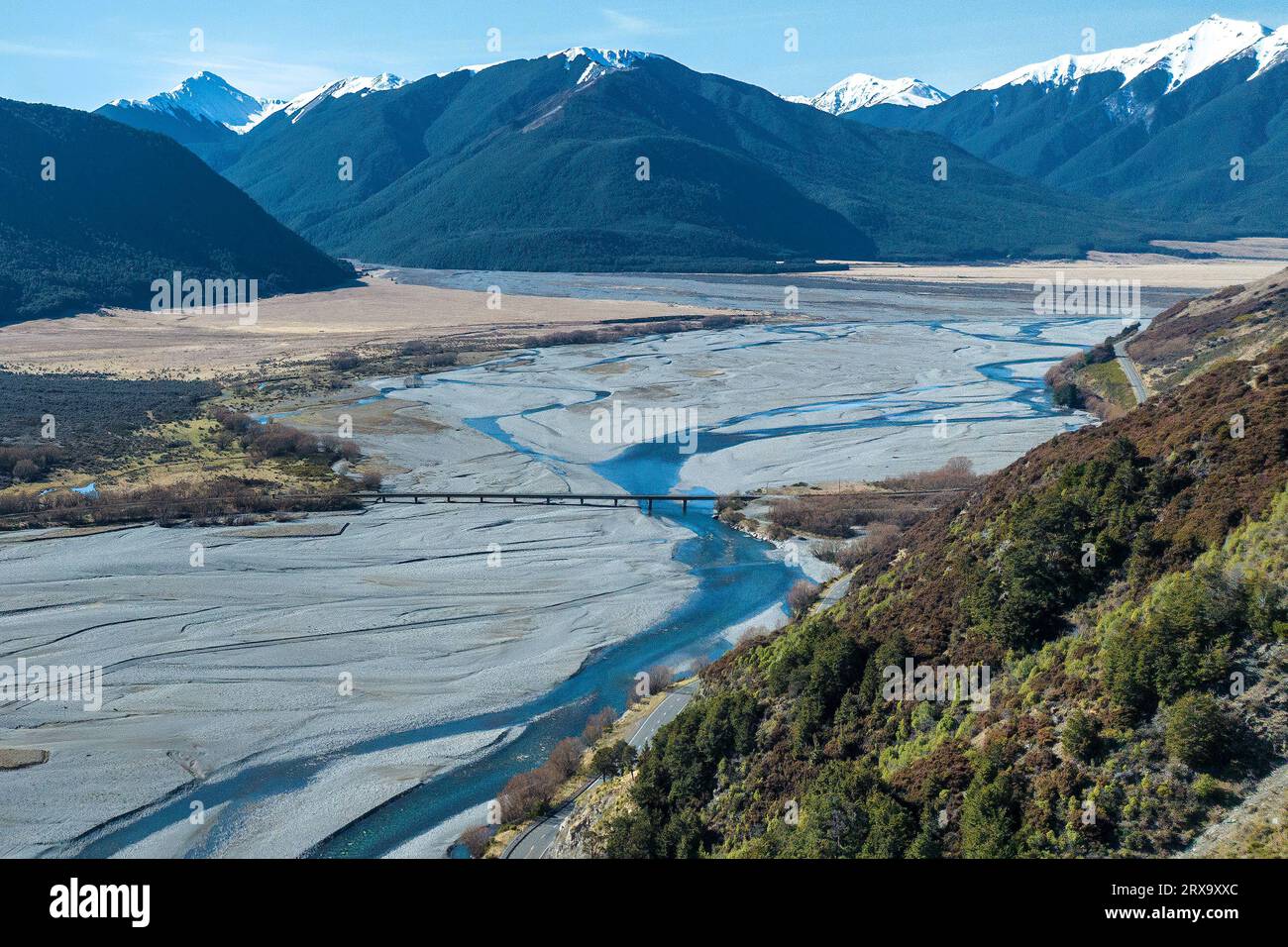 Aerial photography of the braided river with very little water flowing ...