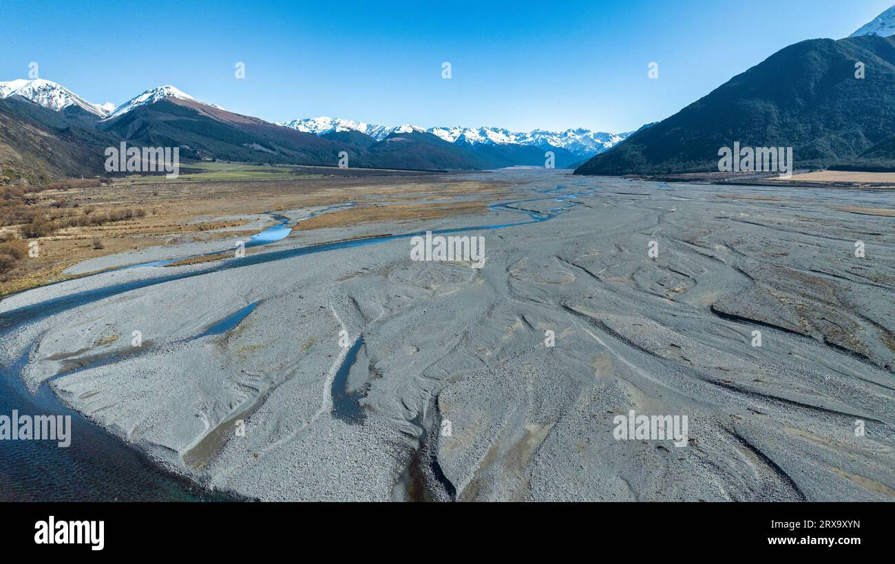 Aerial photography of the braided river with very little water flowing ...