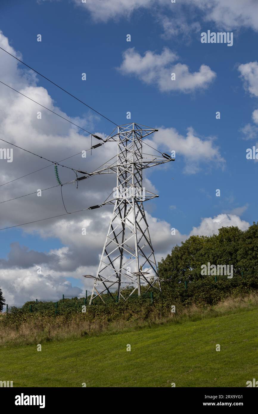 Electric pylons, electricity transmission, low voltage line, background ...
