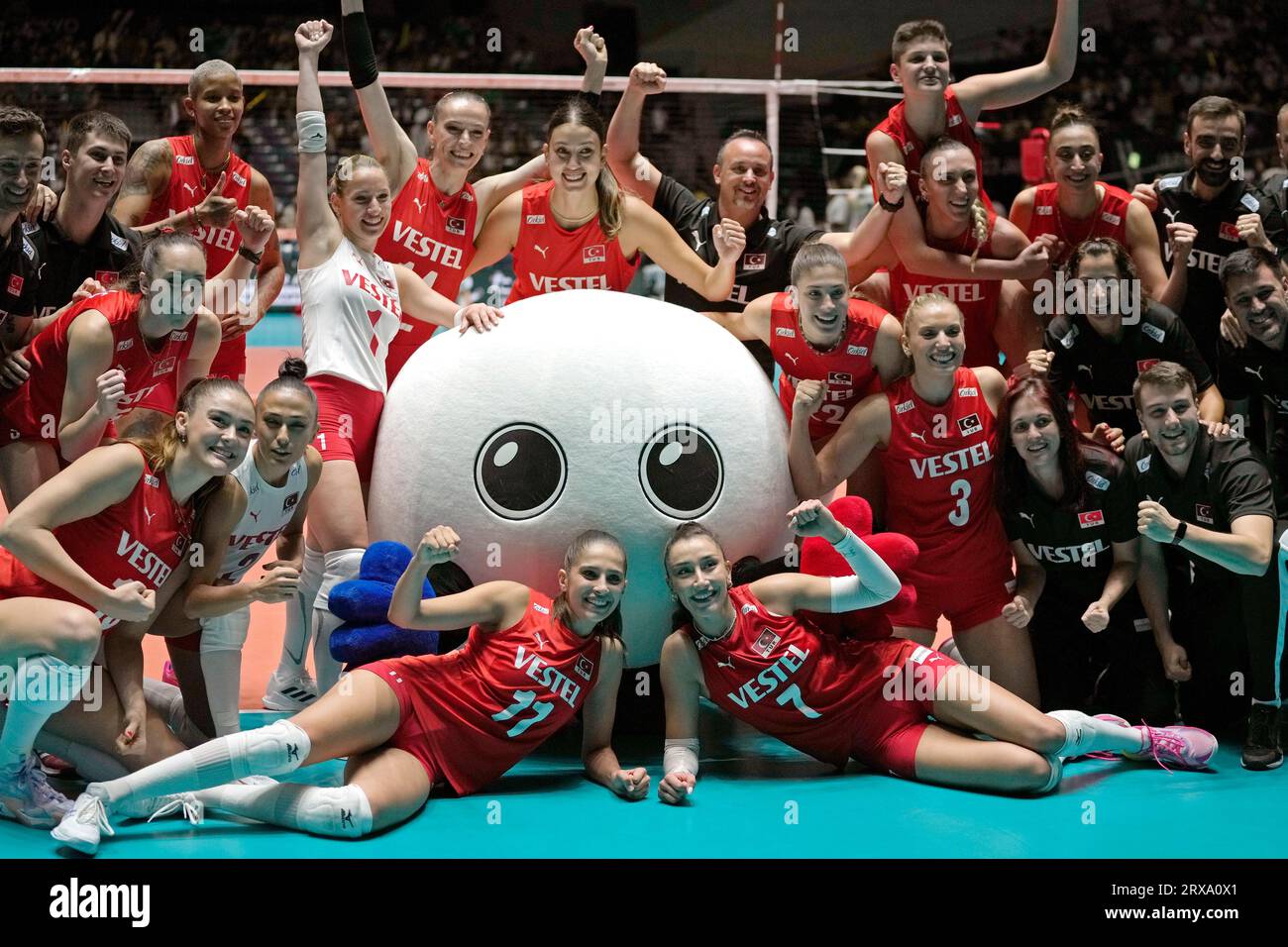 Turkish team members pose for a photo after they defeat Belgium and won ...