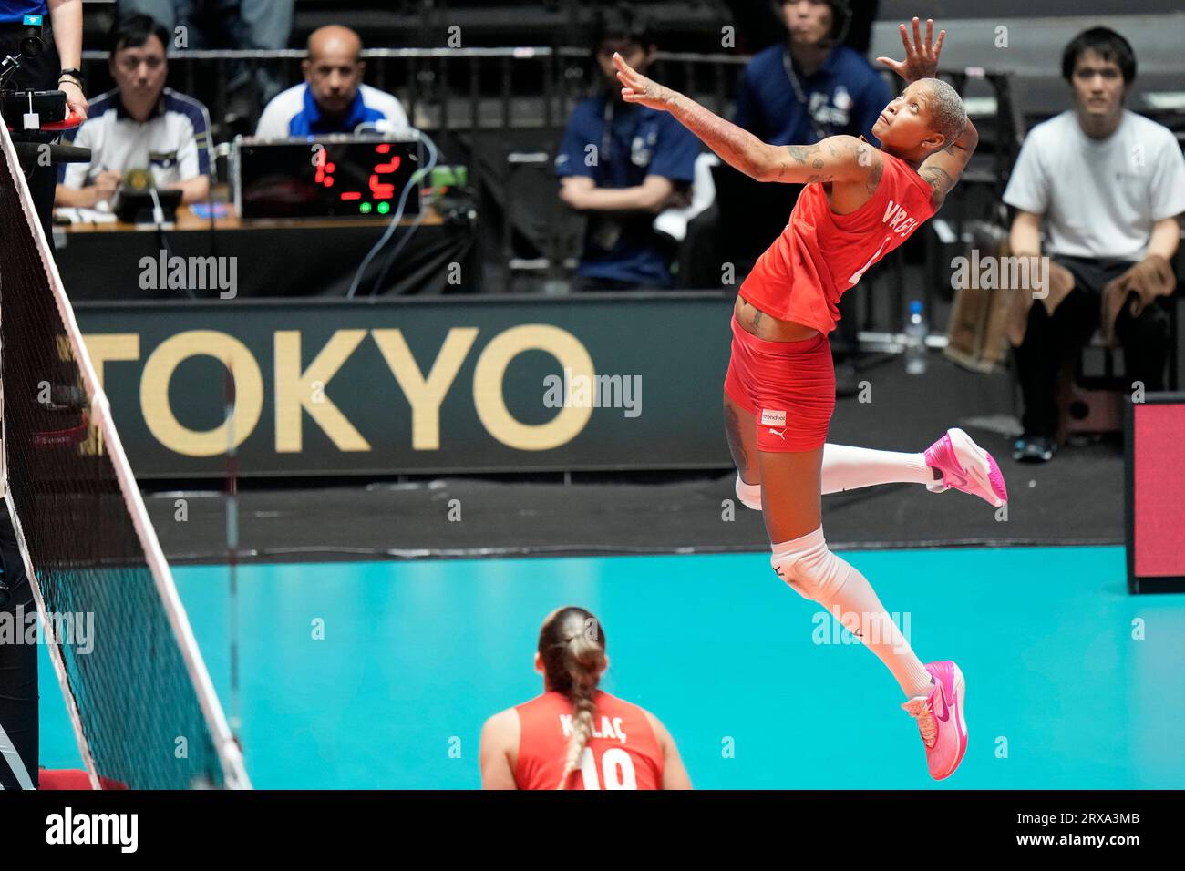 Turkey's Melissa Vargas leaps to hit the ball against Belgium during ...