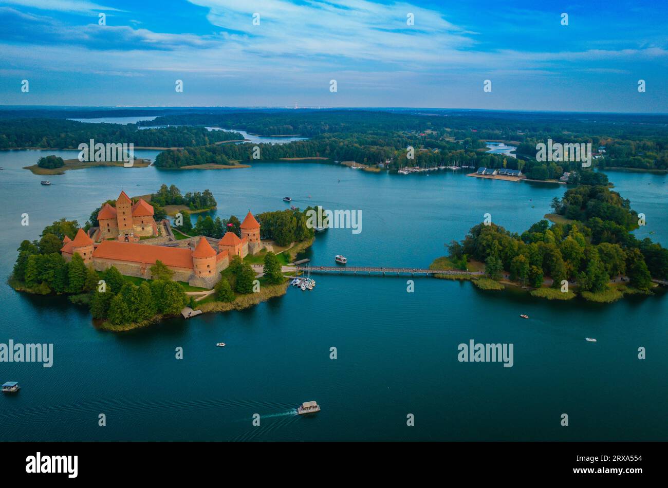 Aerial view of Trakai castle. Medieval gothic Island castle, located in ...