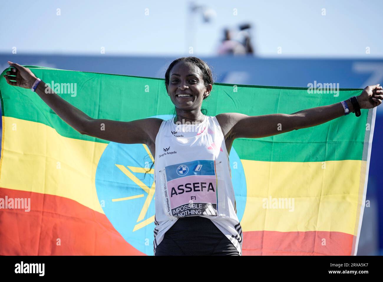 Ethiopia's Tigist Assefa celebrates after she crossed the finish line ...