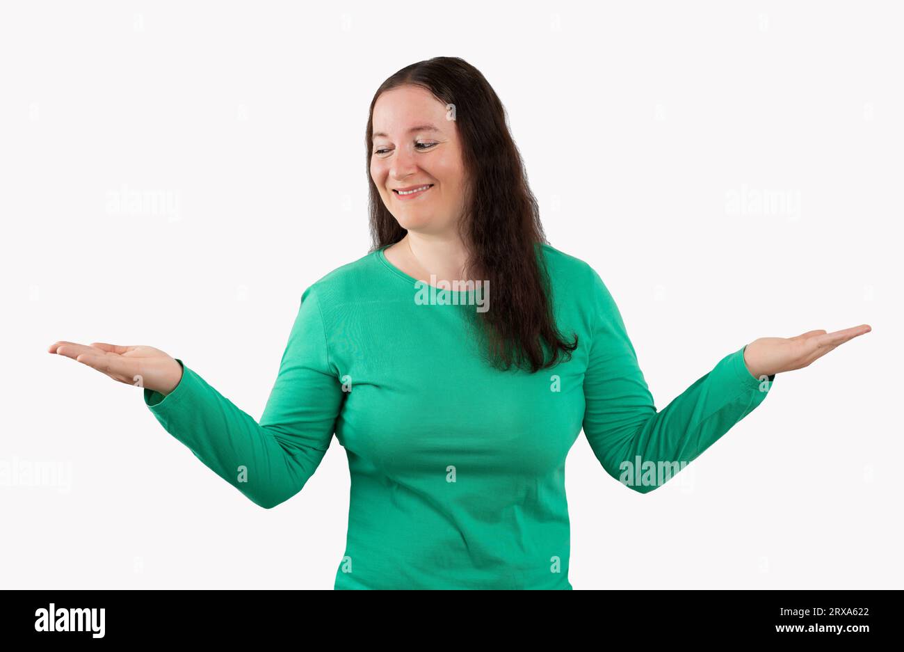 Hispanic woman standing over white isolated background smiling showing ...