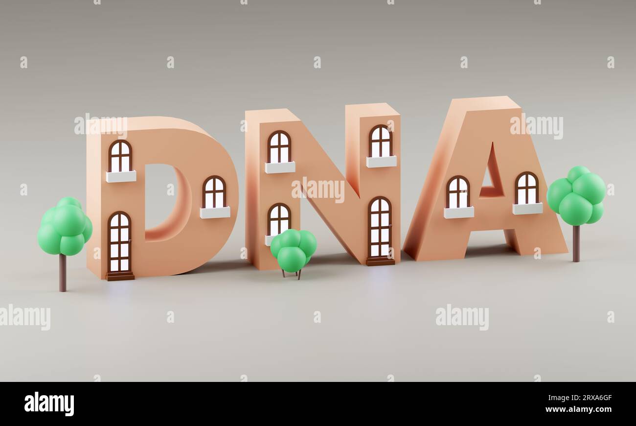 3d render DNA symbol made by tiny houses and light background. Simple ...