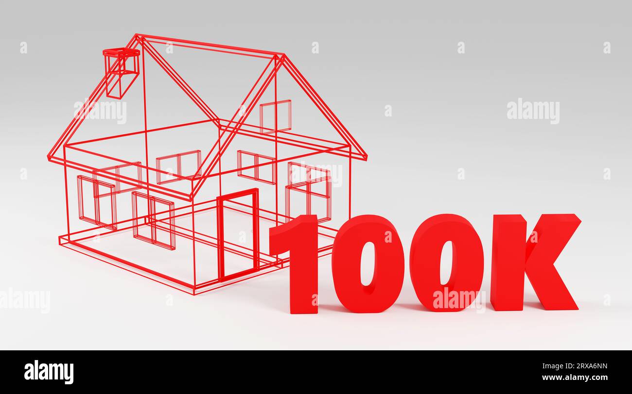 Luxury red sign 100k on grey podium with wireframe house, soft light ...