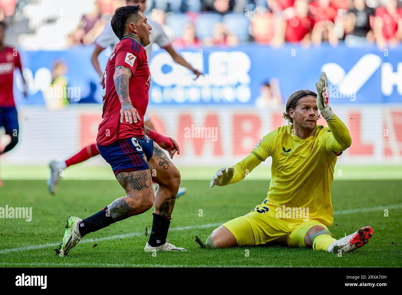 Pamplona, Spain. 23rd Sep, 2023. Chimy Avila (forward; CA Osasuna) and ...