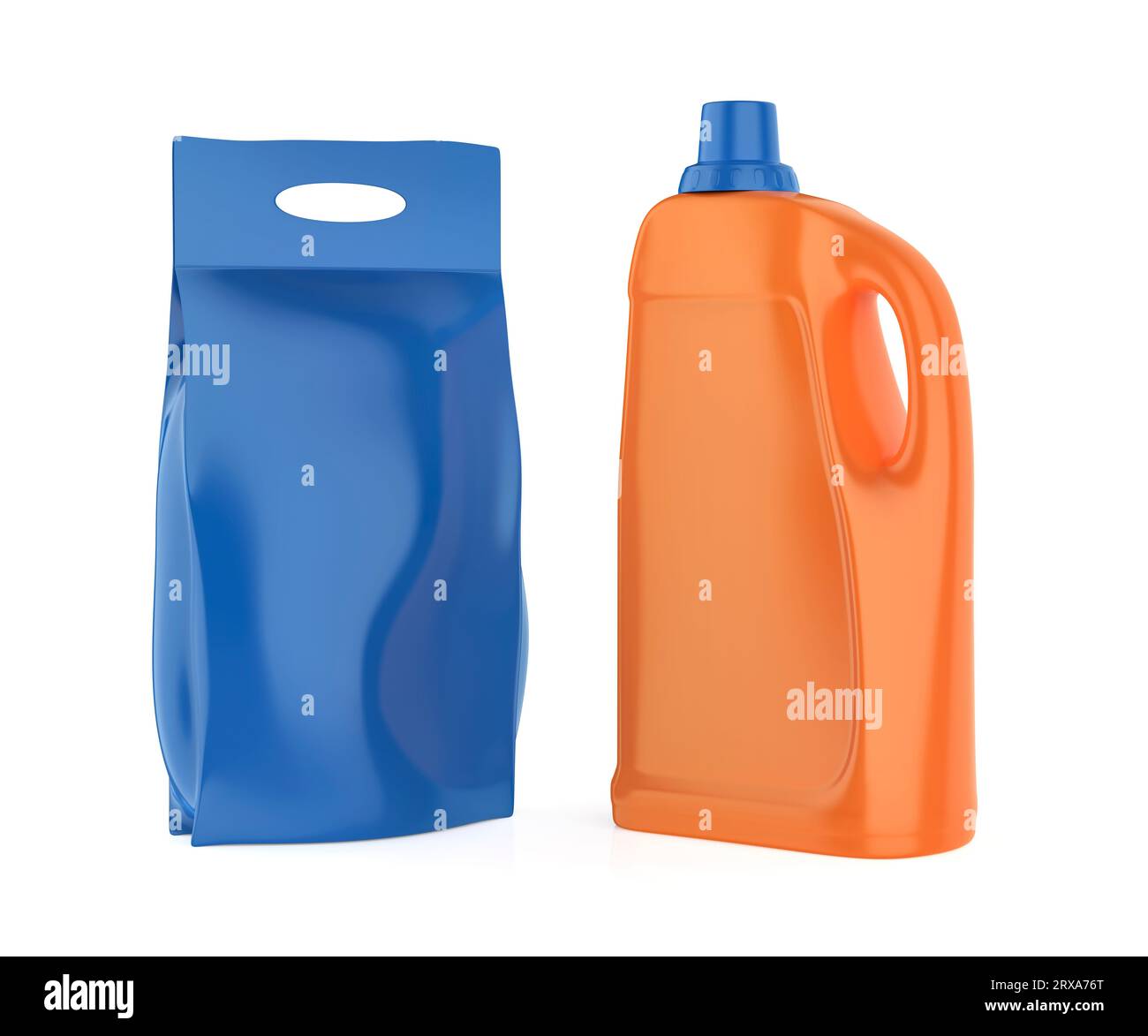 Blue washing powder bag and orange liquid detergent bottle on white ...