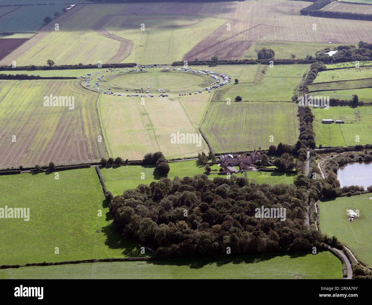 Aerial view of the Thornborough Henges on the 23rd Sept 2023, the solar ...